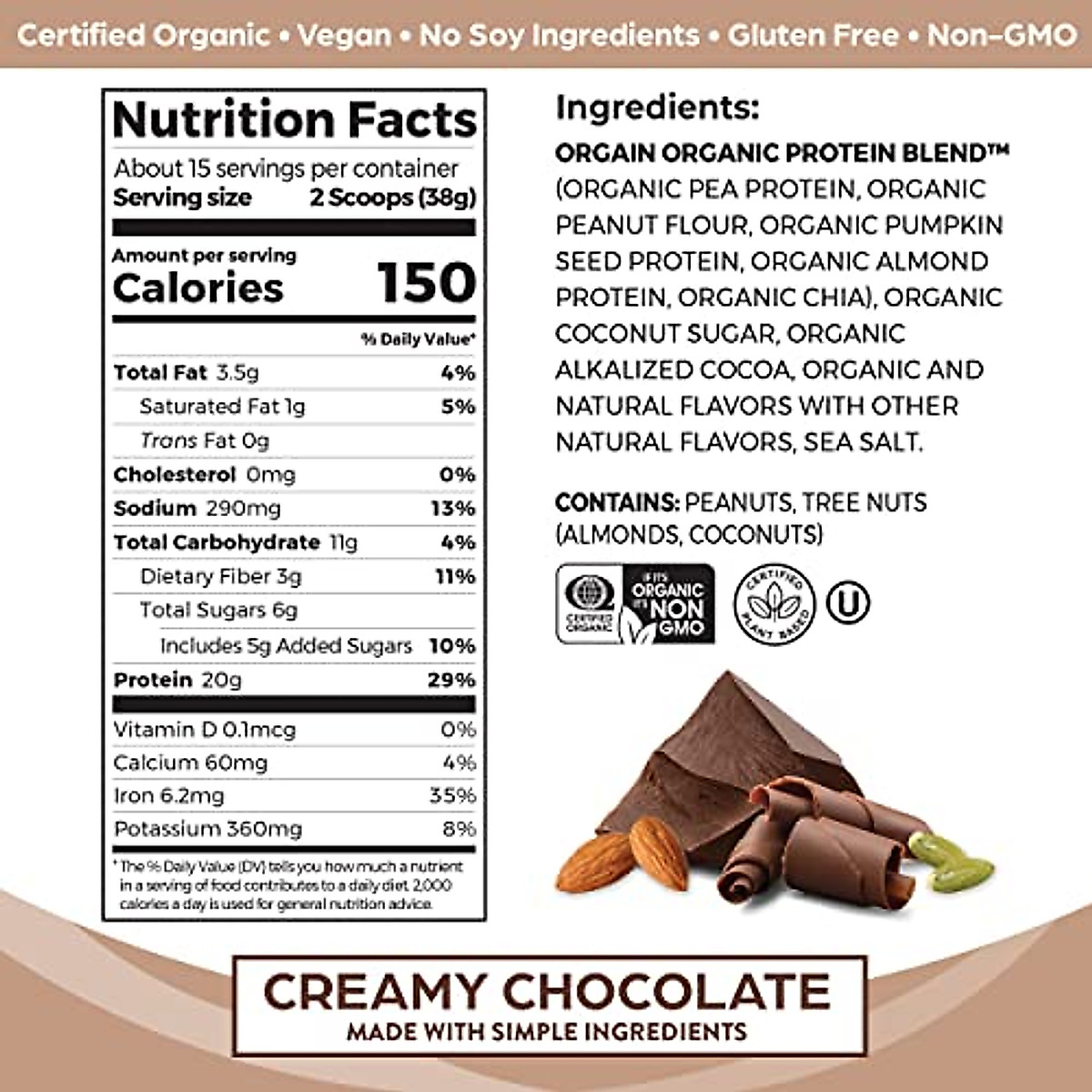 Orgain Simple Organic Vegan Protein Powder, Chocolate - 20g of Plant Based, Made with Fewer Ingredients and Without Dairy, Gluten and Stevia, Kosher, Non-GMO, 1.25 Lb (Packaging May Vary)