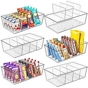 Moretoes 6 Pack Clear Plastic Storage Bins with Dividers, Food Storage Organizer Bins for Pantry Kitchen Fridge Cabinet Organization, 4 Compartment Holder for Organize Packets Spices Pouches Snacks