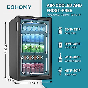 EUHOMY Beverage Refrigerator and Cooler, 126 Can Mini fridge with Glass Door, Small Refrigerator with Adjustable Shelves for Soda Beer or Wine, Perfect for Home/Bar/Office, Mini Refrigerators (Black)