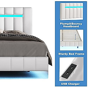 Modern Upholstered Platform LED Bed Frame, Queen Size Upholstered Bed with LED Lights and USB Charging, Floating Bed Frame with Wood Slats Suooprt, No Box Spring Needed (White, Floating Bed Frame 6)