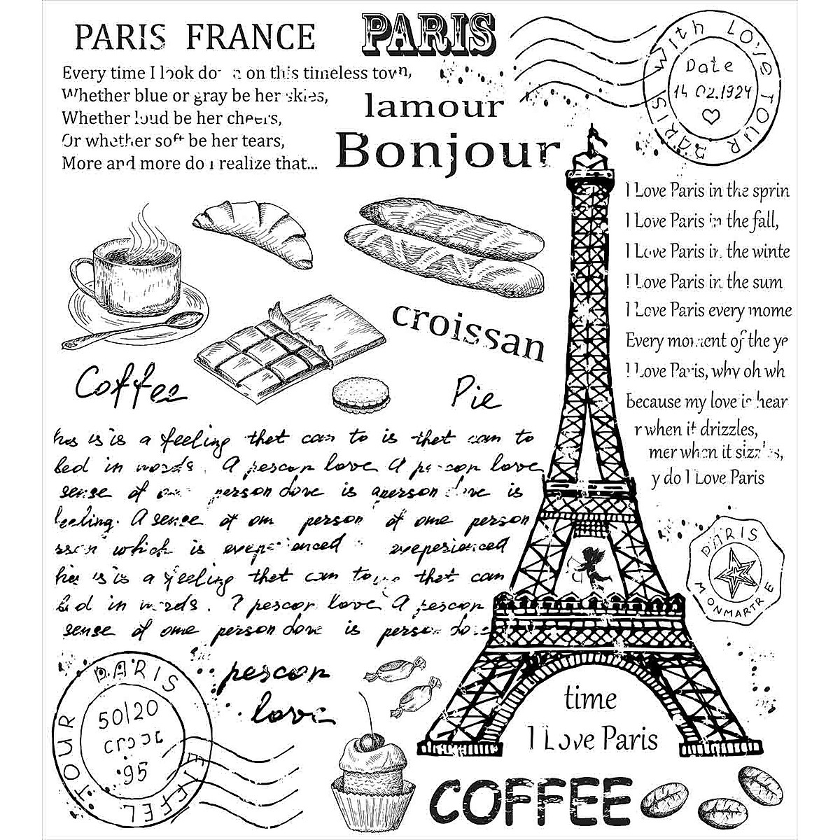 Ambesonne Paris Duvet Cover Set, Traditional Famous Parisian Elements Bonjour Croissan Coffee Eiffel Tower Print, Decorative 3 Piece Bedding Set with 2 Pillow Shams, Queen Size, White Black