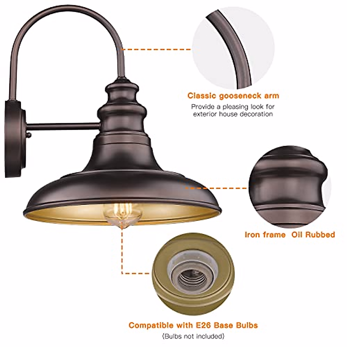 Diyel Outdoor Barn Light Fixture Farmhouse Wall Mount Light Gooseneck Wall Sconce Exterior Wall Lighting Fixture Industrial Bronze Finish Lantern for Porch with Gold Interior, 2Pack, RZ004-2PACK ORB