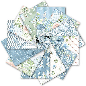 Whaline 12Pcs Floral Cotton Fabric Bundles Blue Pink Green Retro Flower Printed Fat Quarters Spring Sewing Fabrics for DIY Handmade Crafting, 18 x 22 Inch