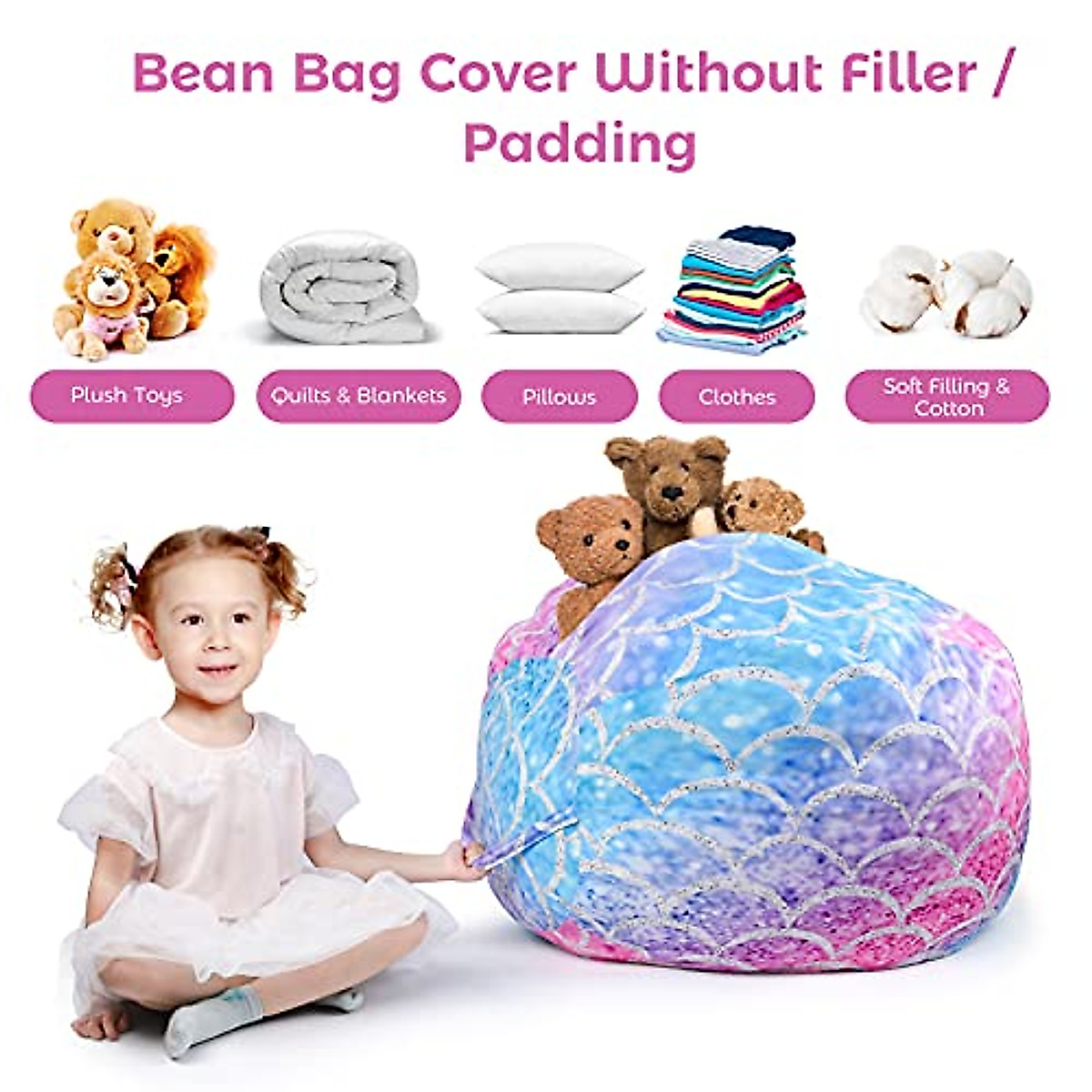 KABOER Bean Bag Cover for Kids,200L Stuffed Animal Storage Bean Bag Chair Cover |Stuffable Zipper Beanbag for Organizing Children Soft Plush Toys (32x29inch)