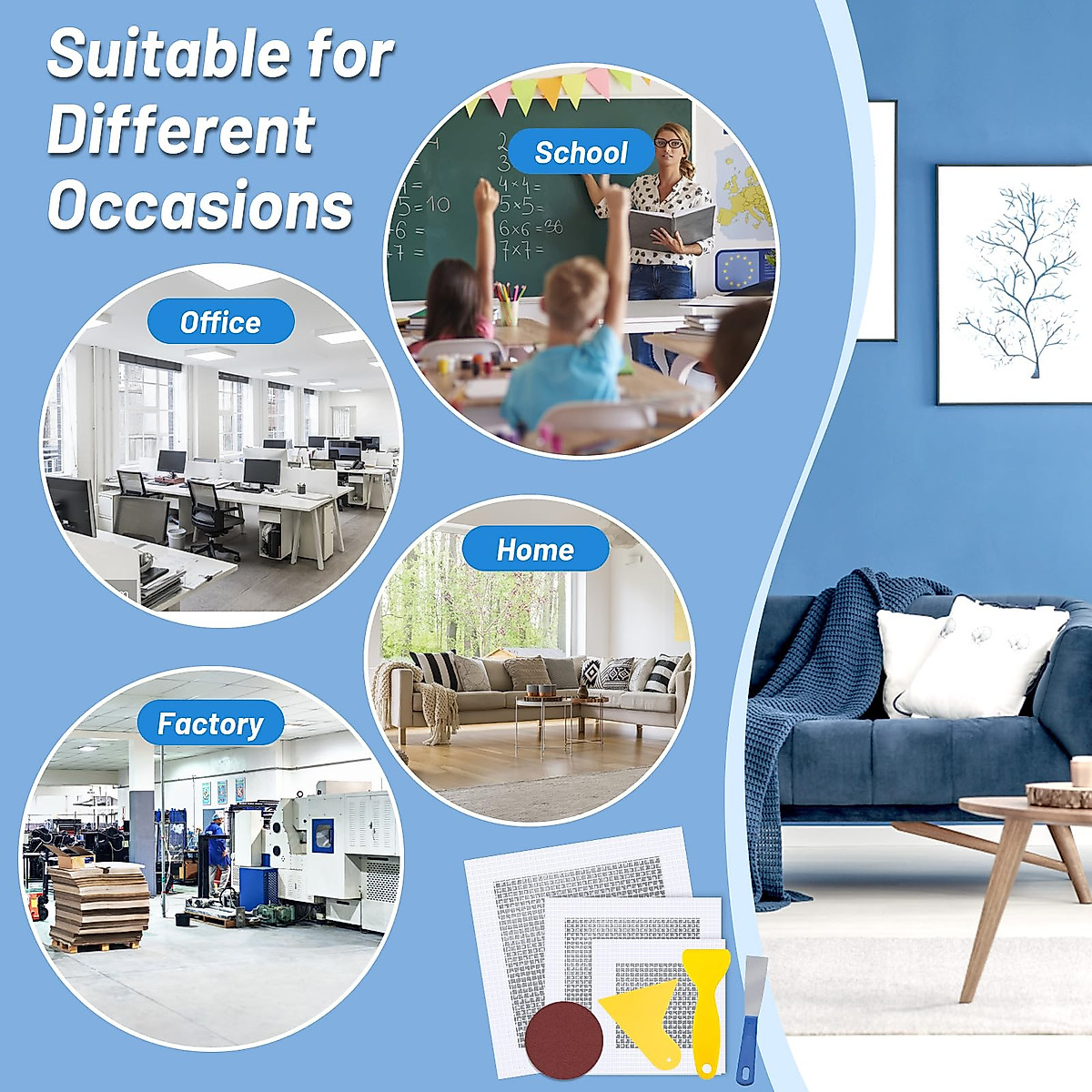 12 PCS 4/6/8 Inch Wall Repair Patch Kit, Aluminum Mesh Dry Wall Hole Repair Patch with Scraper Sandpapers Gloves Heavy Duty Wall Repair for Large Holes Quick Fixes