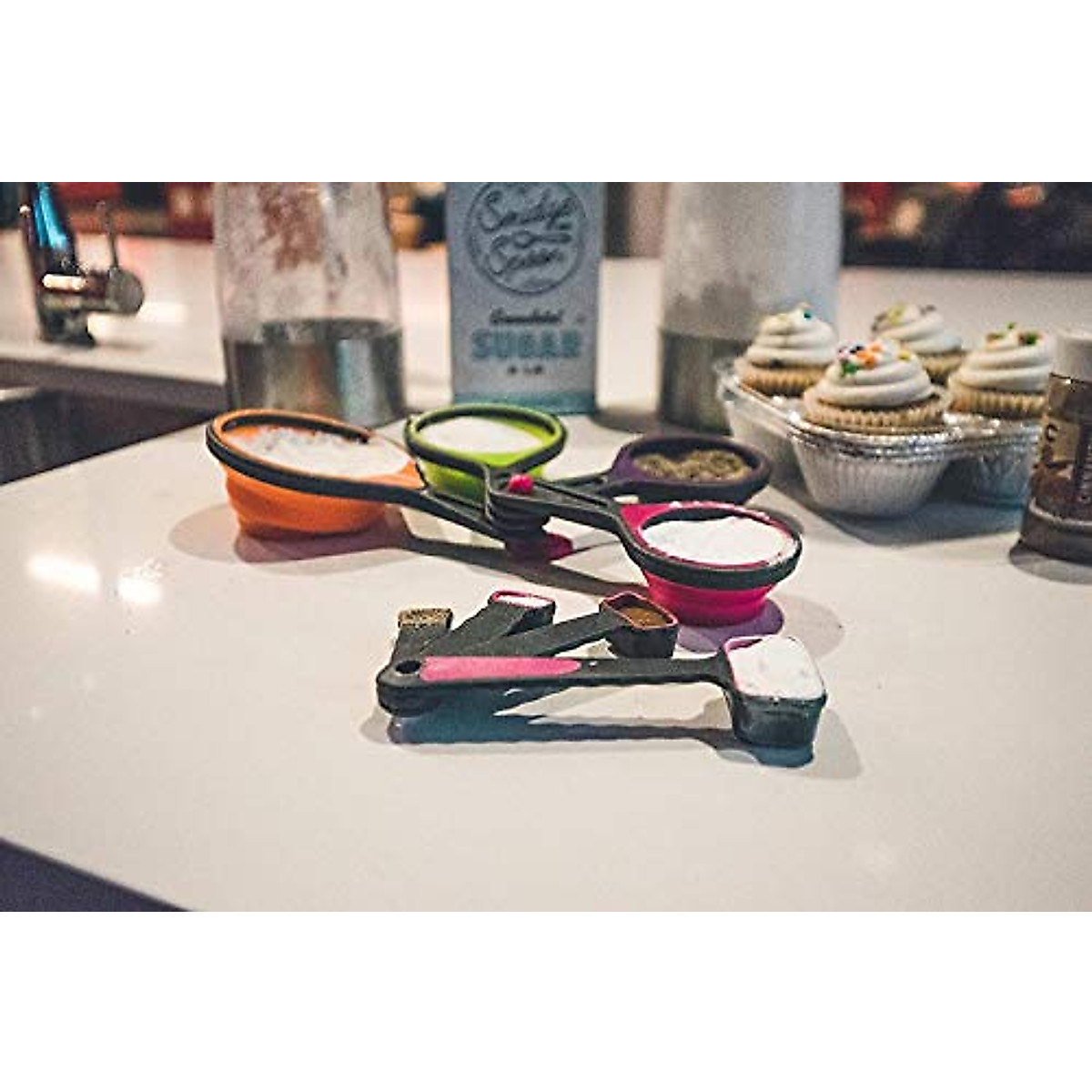 Collapsible Measuring Cups and Measuring Spoons | Portable Food Grade Silicone Measurement Cup Set for Liquid & Dry Food | Baking & Cooking | Kitchen Utensils | Dog Food & Camping & Kids Measuring Cup