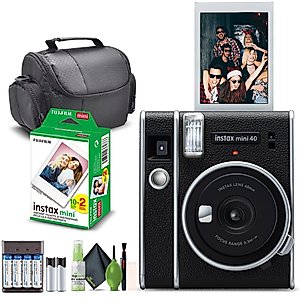 Fujifilm Instax Mini 40 Instant Camera Black Vintage Look Bundle with Fuji Instax Mini Film 20 Sheets + 4 Rechargeable Batteries and More Perfect Camera for Kids, Wedding, Birthday Or Any Occasion