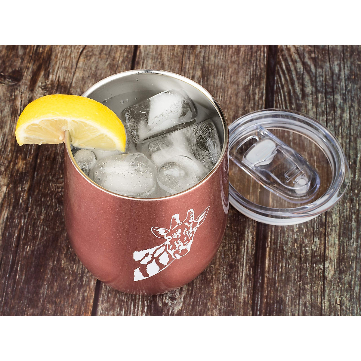 PDTXCLS Giraffe Gifts, 12oz Rose Gold Wine/Coffee Steel Tumbler/Mug with Premium Sliding Lid, Perfect Items for Women, Things for Animal Lover Glass Decor (Rose Gold)