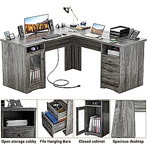 Unikito L Shaped Desk with Drawers, 60 Inch Corner Computer Desks with USB Charging Port and Power Outlet, Large L-Shaped Office Table, 2 Person Home Office Desk with File Cabinet, Black Oak