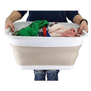 SAMMART 36L (9.5 gallon) Collapsible Plastic Laundry Basket - Foldable Pop Up Storage Container/Organizer - Portable Washing Tub - Space Saving Hamper/Basket (White/Latte (Set of 2))