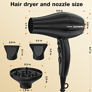 SUPHOMING Hair Dryer, Professional Negative Ions 2200W Blow Dryer, Lightweight Portable Travel Ceramic Hairdryer with Diffuser & Volume Styling Nozzles