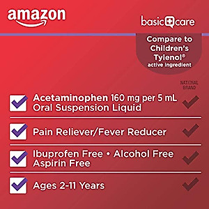 Amazon Basic Care Children's Pain & Fever Oral Suspension Acetaminophen 160 mg per 5 mL, Grape Flavor, Fast, Effective Pain Reliever and Fever Reducer for Children, 4 Fluid Ounces