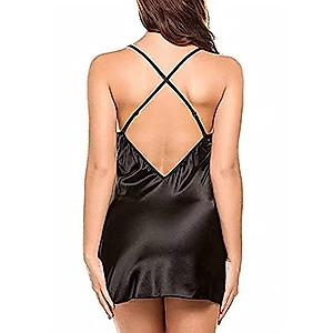 Nightwear Satin Sleepwear Slip Dress, Deep V Lace Lingerie, Silk Nightgown for Women (Black, S)