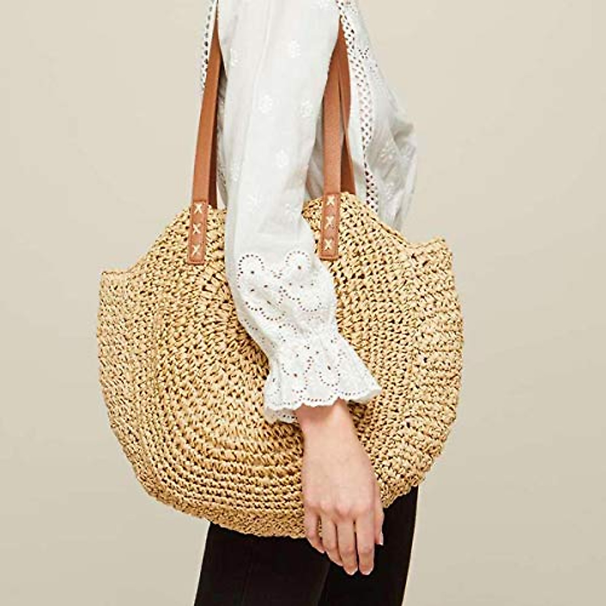 Straw Handbags Women Handwoven Round Corn Straw Bags Natural Chic Hand Large Summer Beach Tote Woven Handle Shoulder Bag (Khaki)
