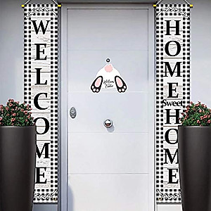 DUDOU Welcome Home Sweet Home Porch Sign Black White Buffalo Plaid Check Hanging Door Banner Farmhouse Outdoor Holiday Decoration