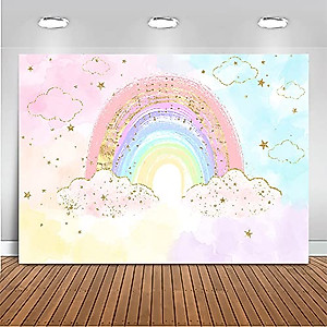 Mocsicka Rainbow Birthday Backdrop Colorful Rainbow Girl's Party Decorations Banner Pastel Watercolor Gold Rainbow of Fun Cake Table Decor Photo Booth Prop (7x5ft (82x60 inch))