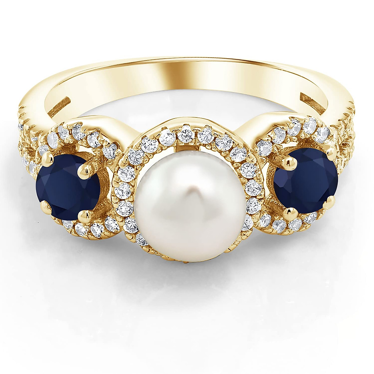 Gem Stone King 18K Yellow Gold Plated Silver Blue Sapphire and Cultured Freshwater Pearl Ring For Women (1.50 Cttw, Gemstone Birthstone, Available In Size 5, 6, 7, 8, 9)