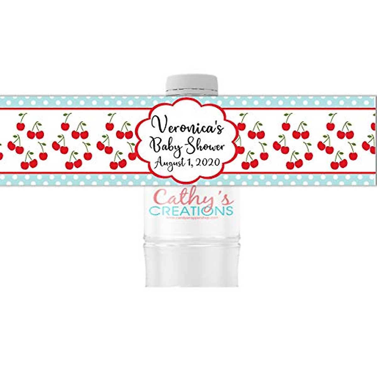 Cherry Pattern Water Bottle Labels, Pack of 25 Personalized Peel and Stick Waterproof Wrappers for Birthday Party Favors