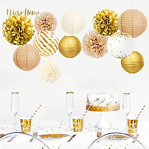 NICROHOME Gold and White Party Decorations, 12 PCS White Gold Champagne Tissue Paper Pom Poms and Lanterns for Birthday Graduation Baby Shower Bridal Prom Festival Decorations and Party Decor