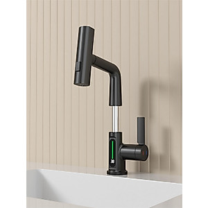 Weirun Bathroom Single Handle Basin Sink Pull Out Faucet with Rainfall Spray Head Temperature Digital Display Vanity Mixer Tap Matte Black