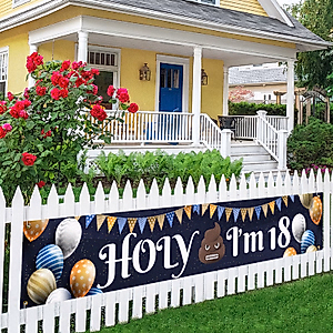 Blue White Large Holy Shit I'm 18 Banner Backdrop,Fun 18th Birthday Banner For Boy Or Girl,Cheer To 18 Years Old Party Decorations Supplies Lawn Sign Yard Sign Porch Sign Outdoor Backdrop 9.8x1.6 Feet