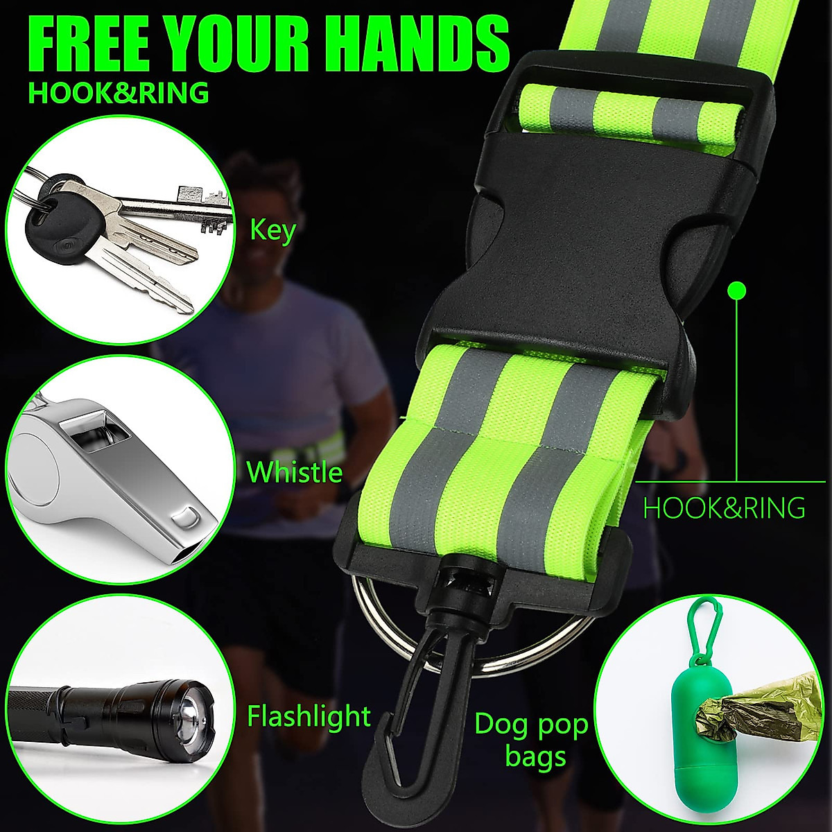 2 Pcs Reflective Sash with 4 Bands Adjustable Visibility Belt Safety Strap, Band for Wrist Arm Ankle Leg Substitute for Reflective Vest Reflective Running Gear (Fluorescent Green)