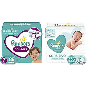 Diapers Size 7, 88 Count and Baby Wipes - Pampers Cruisers Disposable Baby Diapers and Water Baby Wipes Sensitive Pop-Top Packs, 336 Count (Packaging May Vary)