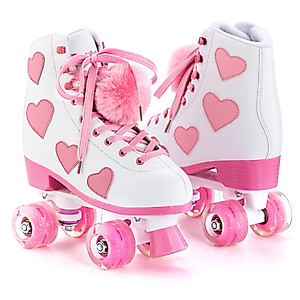 Ruthfot Women's and Girl's Classic Roller Skates with Light up Wheels and Love Heart Pattern, High-top PU Leather Rollerskates…
