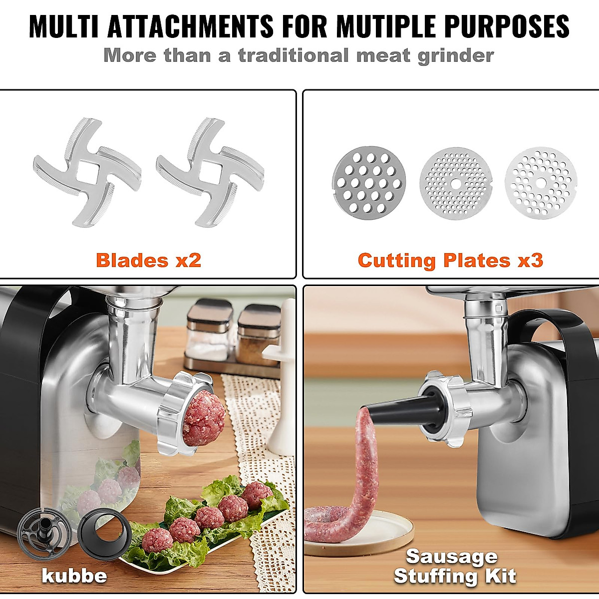 VEVOR Electric Meat Grinder, 6.6 Lb/Min, 550W Industrial Meat Mincer with 2 Blade, 3 Grinding Plates, Sausage Maker & Kubbe Kit ABS + Stainless Steel Commercial Meat Grinder, ETL Listed