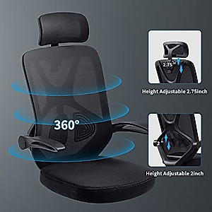 Atbang Home Office Chair Ergonomic Desk Chair High Back Flip-Up Arms Reclining Computer Chair with Adjustable Lumbar Support/headrest Rocking Function Breathable High Elasticity Mesh, Black