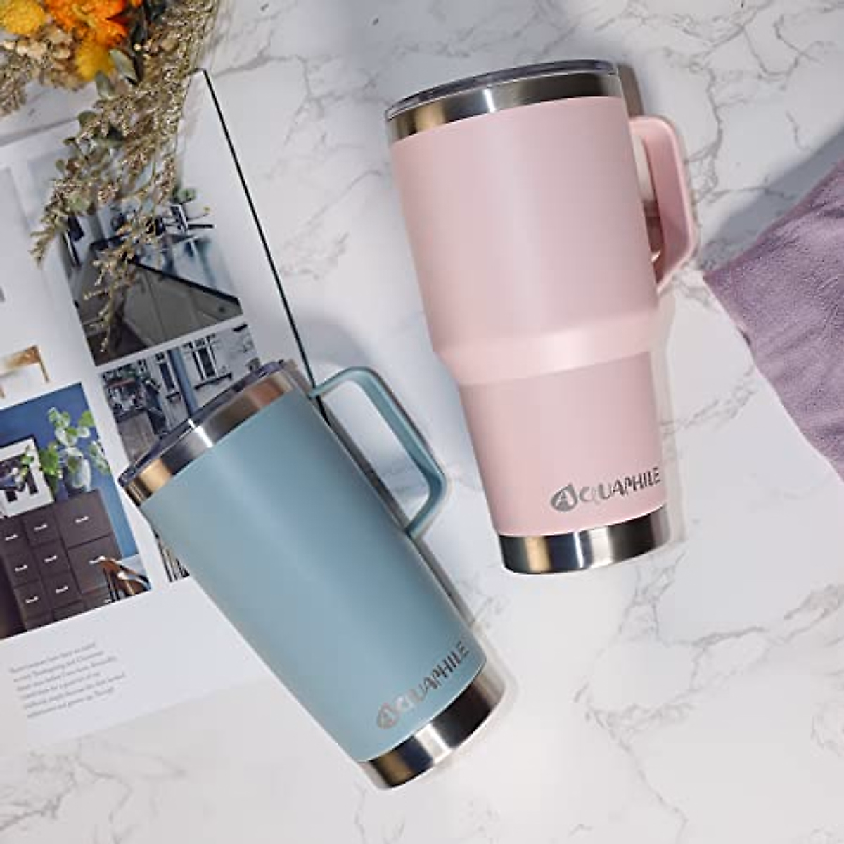 AQUAPHILE 30oz Stainless Steel Insulated Coffee Mug with Handle, Double Walled Vacuum Travel Cup with Lid & Straw, Reusable Thermal Coffee Cup, Portable Coffee Tumbler, for Hot&Cold Drinks(Pink)