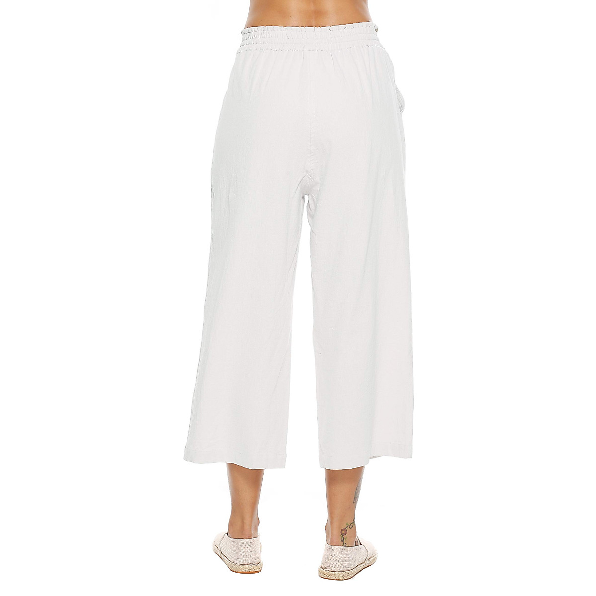 LNX Womens Linen Pants High Waisted Wide Leg Drawstring Casual Loose Trousers with Pockets (Medium, White)
