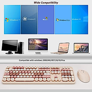 Wireless Keyboard and Mouse, KOOTOP Cute Keyboard and Mouse, 2.4G Wireless Keyboard with Retro Round Keycap for PC, Mac, Laptop,Tablet,Computer Windows (Milk Tea)