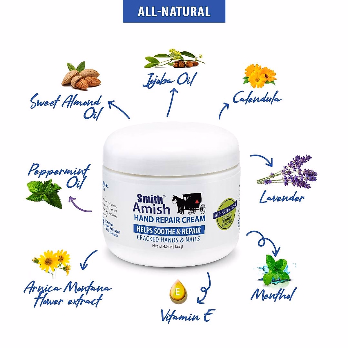 Smith Amish Hand Repair Cream 4.5 oz jar Plus Organic Peppermint Lip Balm.