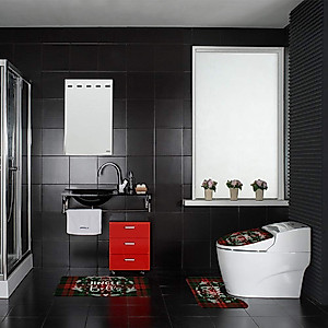 Bathroom Mat Rug Set Non Slip Including U-Shaped Contour Mat Toilet Seat Cover ﻿Jingle Bells Christmas Green Red Extra Soft Coral Fleece Memory Foam 3 Piece