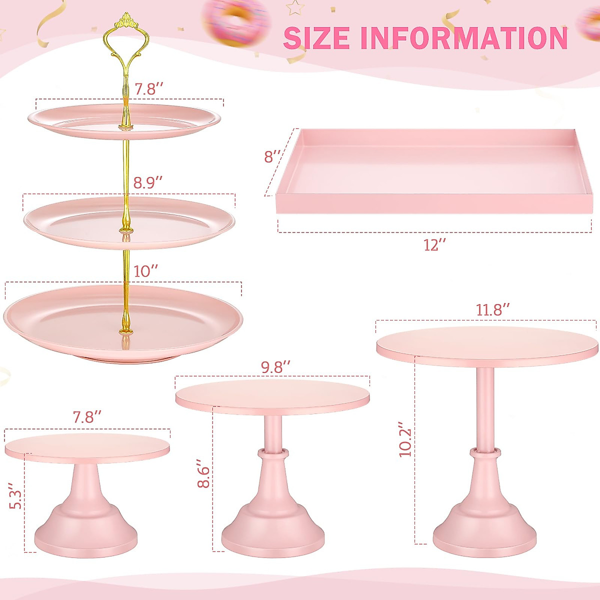 Tioncy 7 Pcs Cake Stand Set Metal Cupcake Holder Dessert Table Display Cupcake Display Plate Serving Platter Dessert Table Stands and Trays Set for Baby Shower Wedding Birthday Xmas Party (Pink)