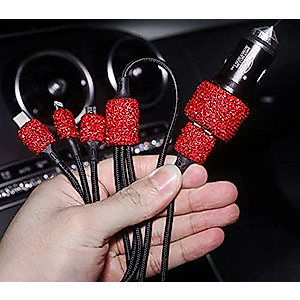 Bling Car Charger Accessories Set,Rhinestone Dual USB Car Chargers + Bling 3 in1 Nylon Braided Charging Cable,Bling Crystal Decoration Car Accessories Kits for Girl and Women (Red)