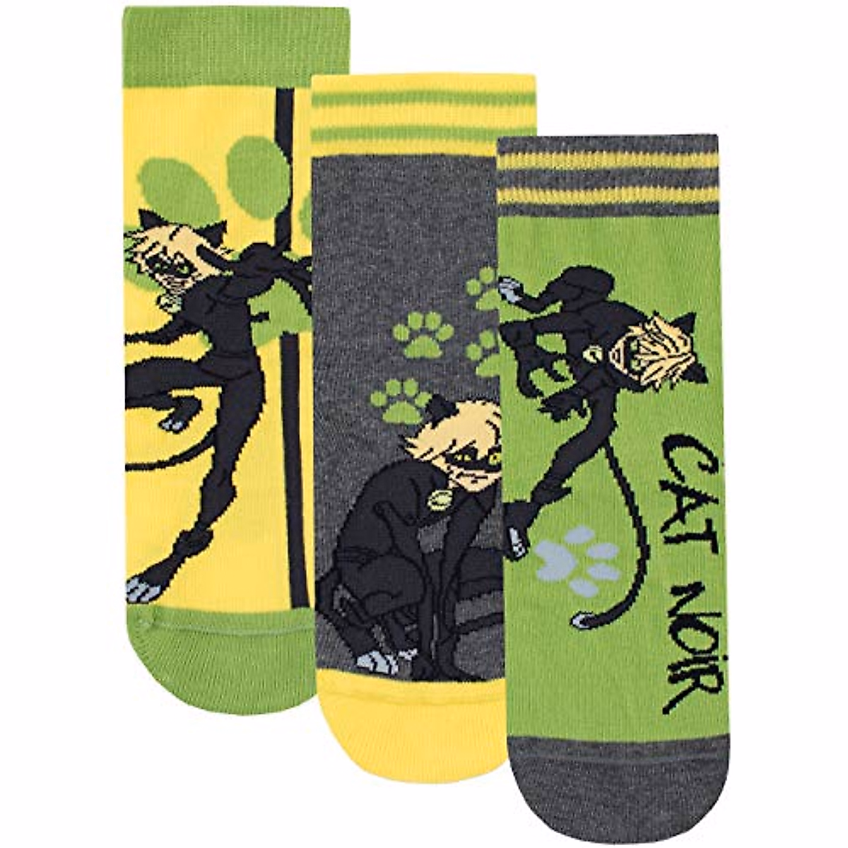 Miraculous Ladybug Boys' Cat Noir Socks Pack of 3 Size 10 to 13 Multicolored