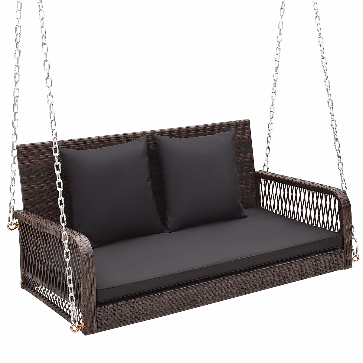 Tangkula Wicker Outdoor Porch Swing, 800 LBS Capacity Outdoor Swing Bench with Hanging Chains, Back and Seat Cushions, 2-Seater Hanging Patio Bench for Deck, Garden, Yard (Black)