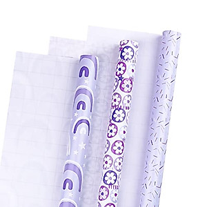 LeZakaa Purple Gift Wrapping Paper - Mini Roll - Flower Ball/Colorful Strip/Arch Print for Gift Wrap, Arts Crafts - 17 x 120 inches - 3 Rolls (43.77 sq.ft.ttl.)