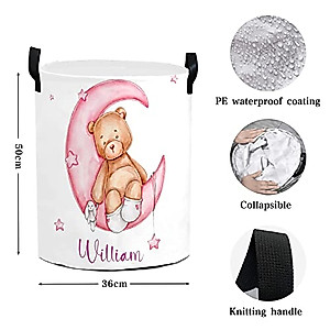 Cute Teddy Bear Pink Moon Personalized Waterproof Foldable Laundry Basket Bag with Handle, Custom Collapsible Clothes Hamper Storage Bin for Toys Laundry Dorm Travel Bathroom