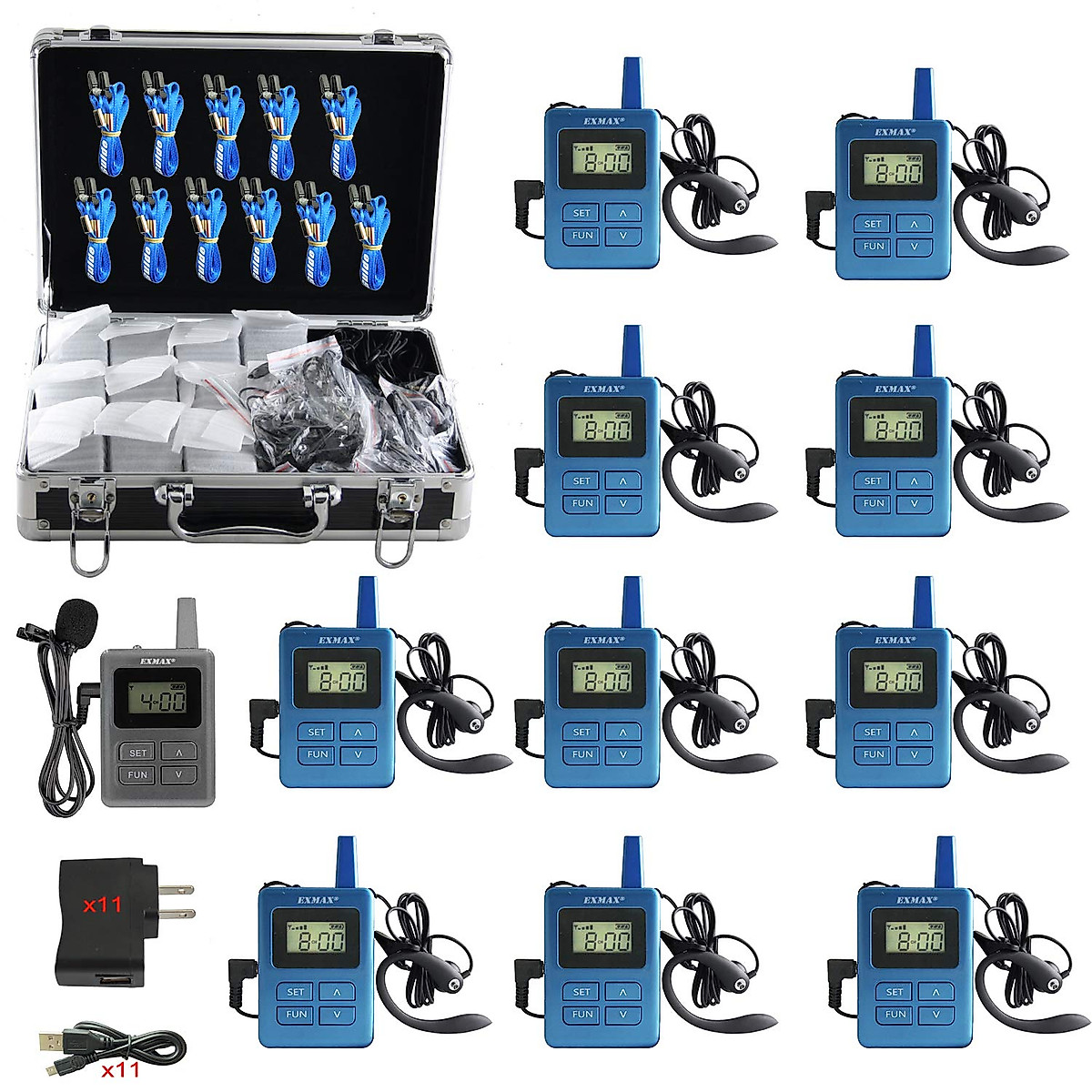 EXMAX ELGT-470 UHF Wireless Tour Guide Acoustic Audio Voice Transmission System 100 Channels for Private Speech Social Distancing Training Meeting Travel 1 Transmitter 10 Receivers Black Storage Case