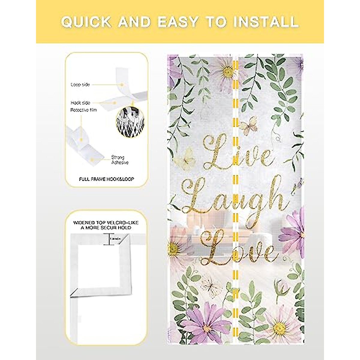 ZOE GARDEN Inspirational Quote Magnetic Screen Door for Sliding/Single/French Doors, Self Sealing Magnets Patio Door Screen Heavy Duty Mesh Curtain, Green Eucalyptus Leaves Elegant Flower