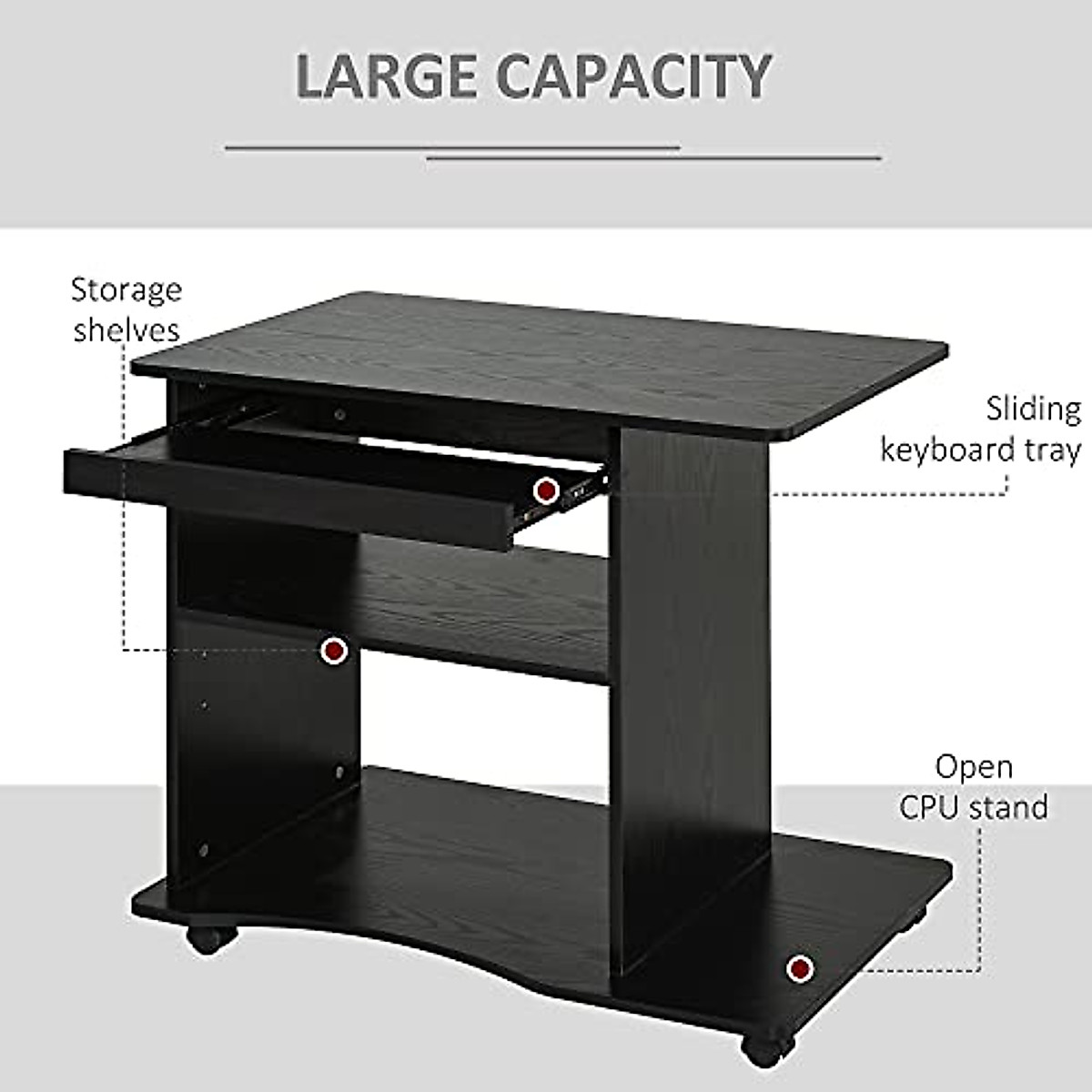 HOMCOM Computer Desk Cart, Mobile Small Office Workstation with Slide-Out Keyboard Tray, Adjustable Shelf, & CPU Stand, Black