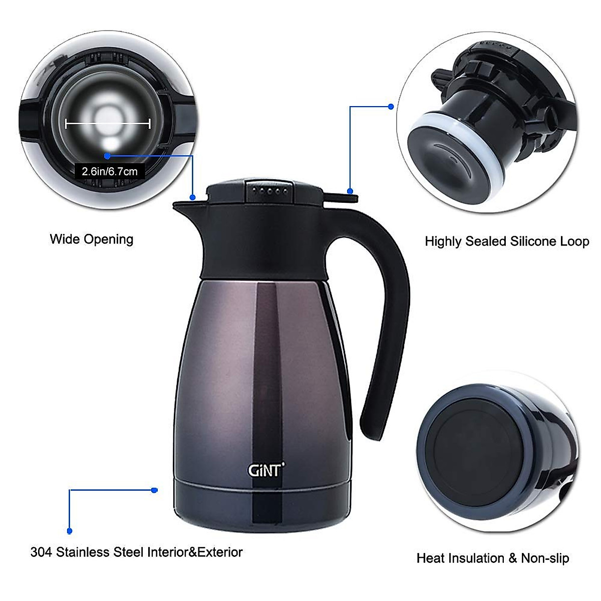 GiNT 51Oz Stainless Steel Thermal Coffee Carafe with Lid/Double Walled Vacuum Thermos / 12 Hour Heat Retention (Purple, 1.5L)