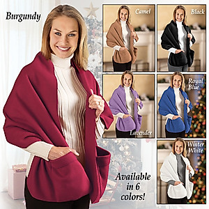 Collections Etc Cozy Fleece Wrap Shawl With Large Front Pockets - Keeps Hands and Shoulders Warm During Cold Winter Season, Royal Blue