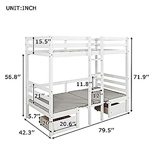 MERITLINE Twin Over Twin Bunk Bed, Convertible Dorm Loft Bed with Desk and Storage Drawers for Kids Teens, No Box Spring Needed (White Loft Bunk Beds)