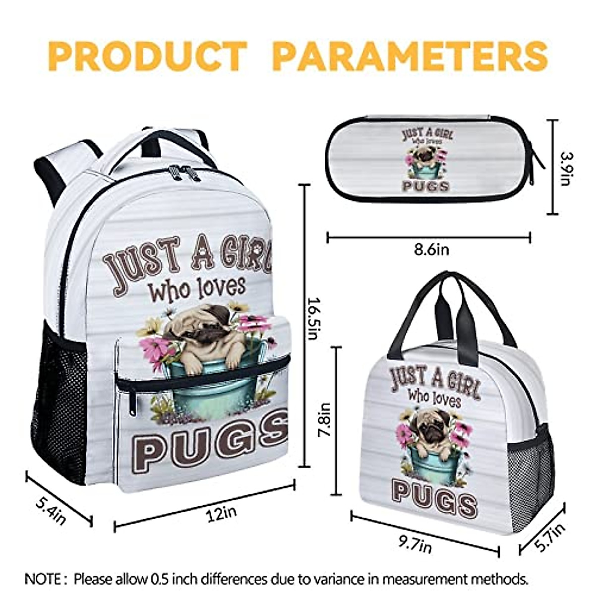 COOPASIA Cute Pug Backpack with Lunch Box and Pencil Case, 16 Inch Dog Theme Bookbag with Adjustable Straps, Durable, Lightweight, Large Capacity, School Backpack for Kids Girls Boys