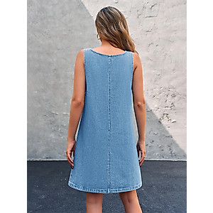 BZB Women's Sleeveless Casual Denim Dress Crewneck Vintage Overall Mini Dress with Pockets (Blue, X-Large)
