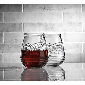 Glaver's Stemless Wine Glasses 21 Oz. Set Of 4 Original Mason Vintage Goblet Beverage Glasses Uses For Your Cocktail Lounge, Whiskey Parties, and Everyday Dinner Table. Dishwasher Safe.